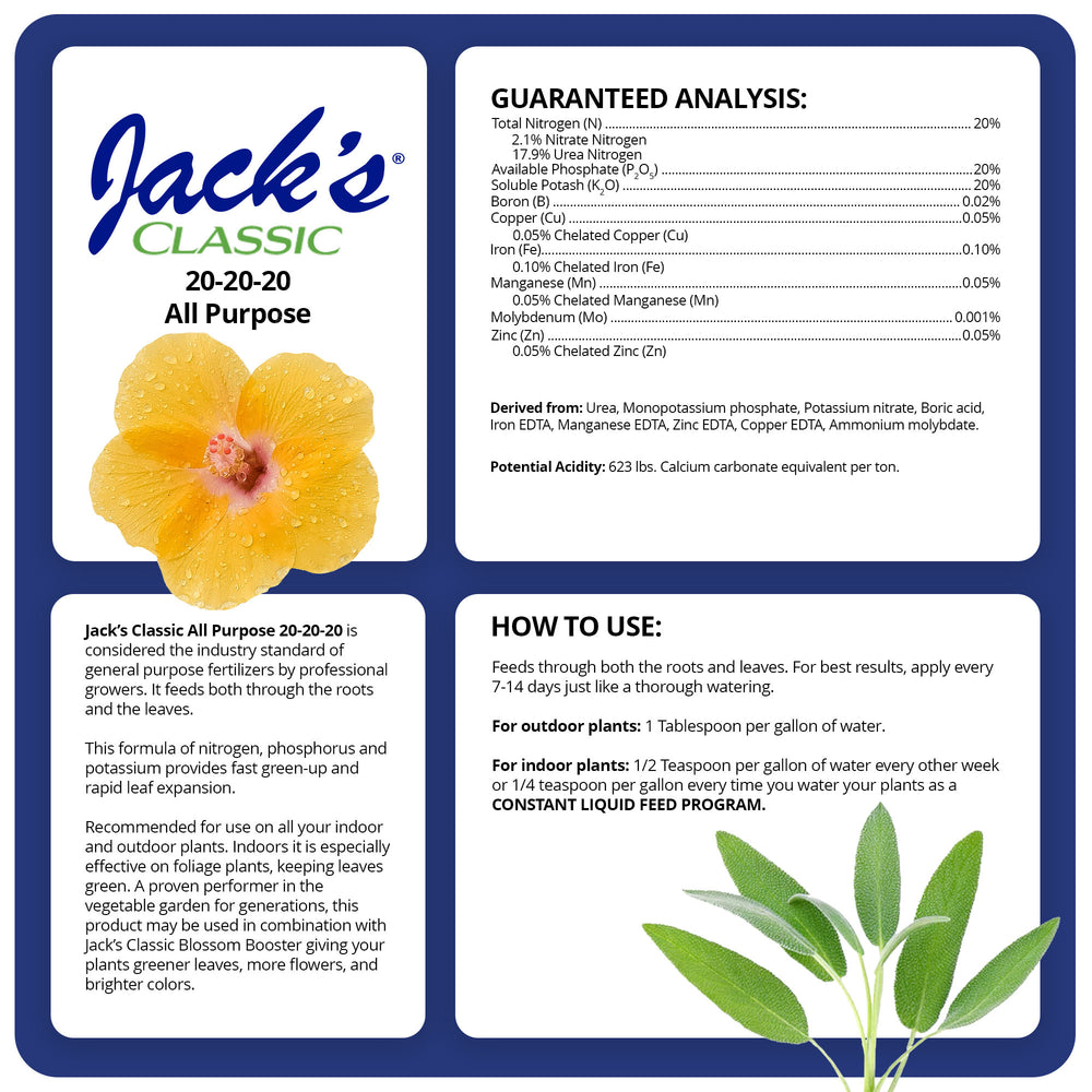 JR Peters Jack's Classic Water Soluble All Purpose Fertilizer, 20-20-2